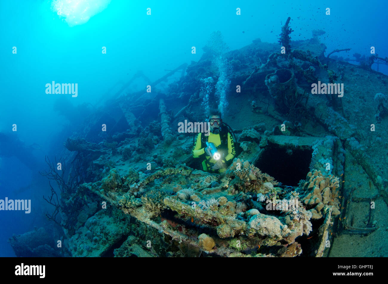 Shipwreck SS Turbo, scuba diver and ship wreck, Turbo Wreck, Ras Banas ...