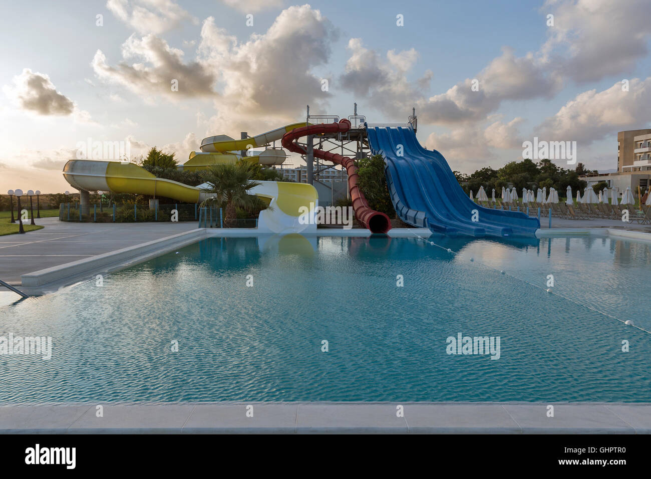 Empty open air swimming pool and aquapark in Paphos, Cyprus Stock Photo ...