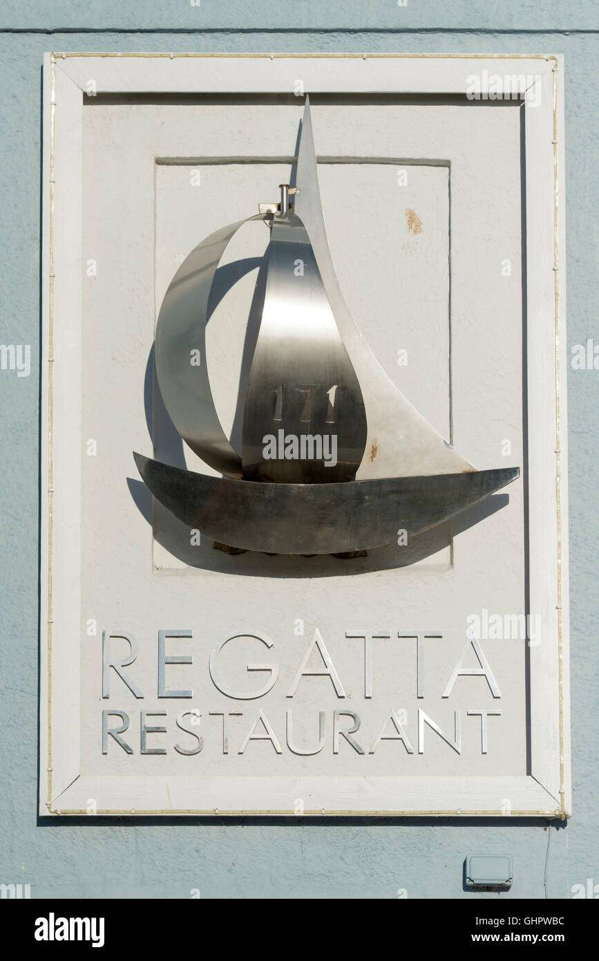 The Regatta restaurant Aldeburgh Suffolk UK and detail of sign Stock ...