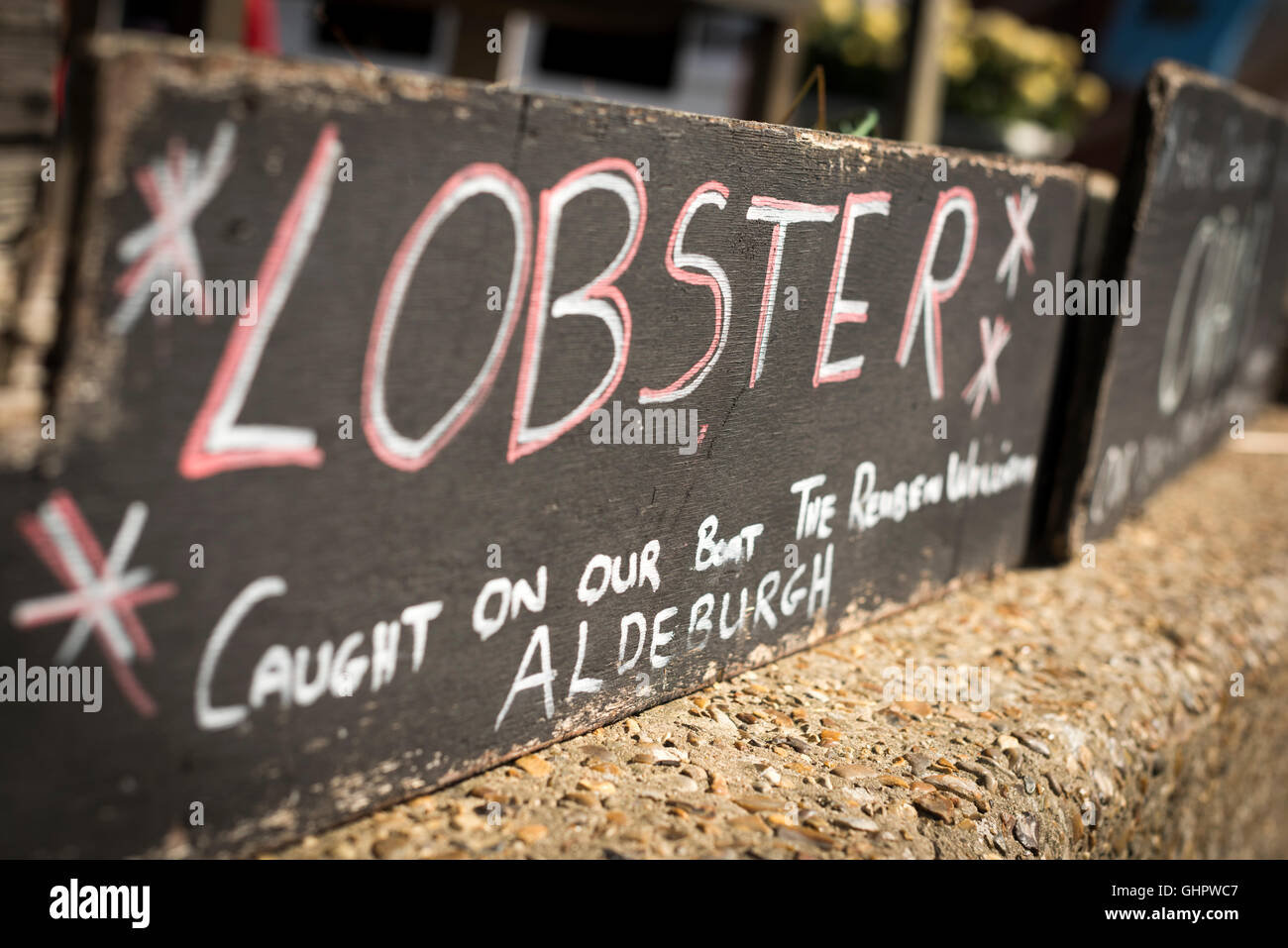 Fish and lobster for sale signs close up at Aldeburgh Suffolk UK Stock ...