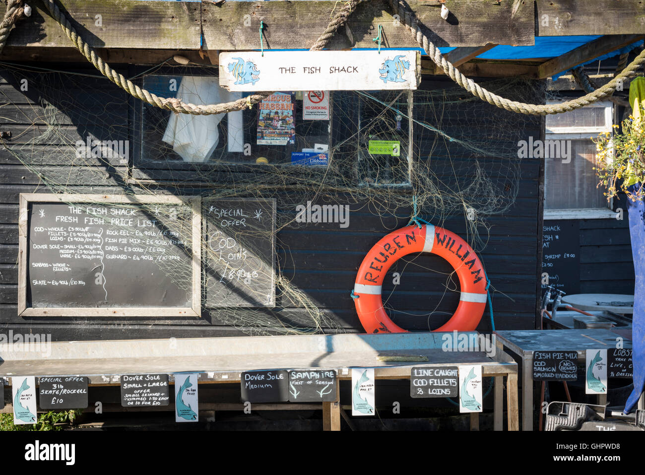 The Fish Shack fishmonger sign at the fish shop on the beach at ...