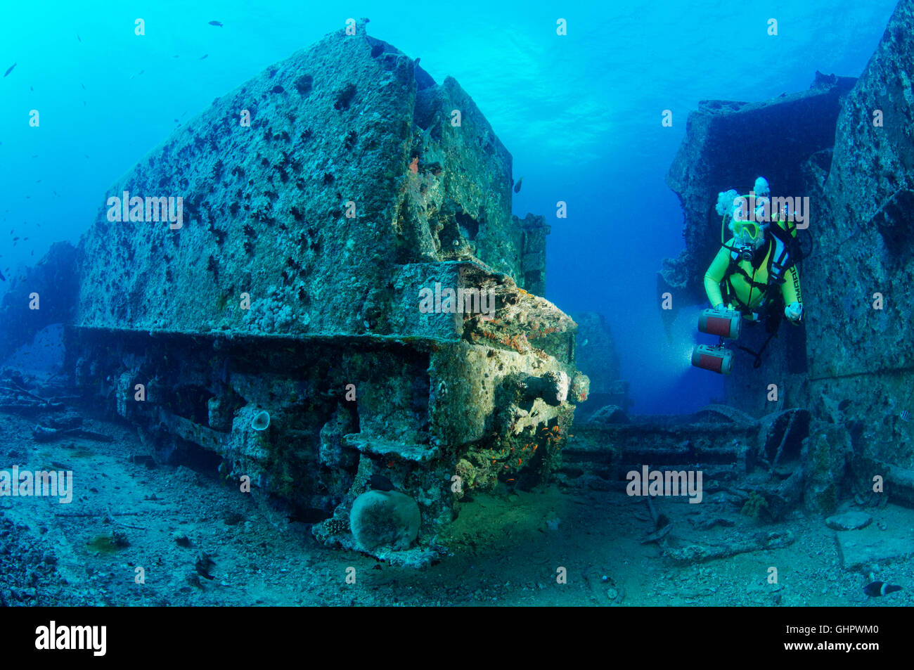 Shipwreck SS Thistlegorm, scuba diver on Ship wreck near Locomotive ...