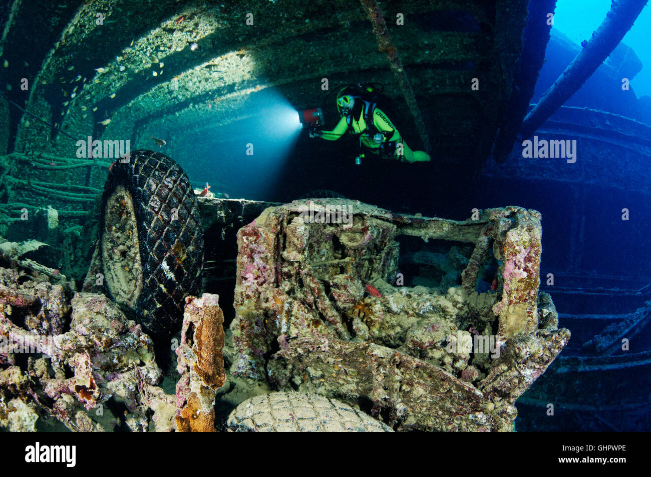 Shipwreck SS Thistlegorm, scuba diver inside Ship wreck by the ...
