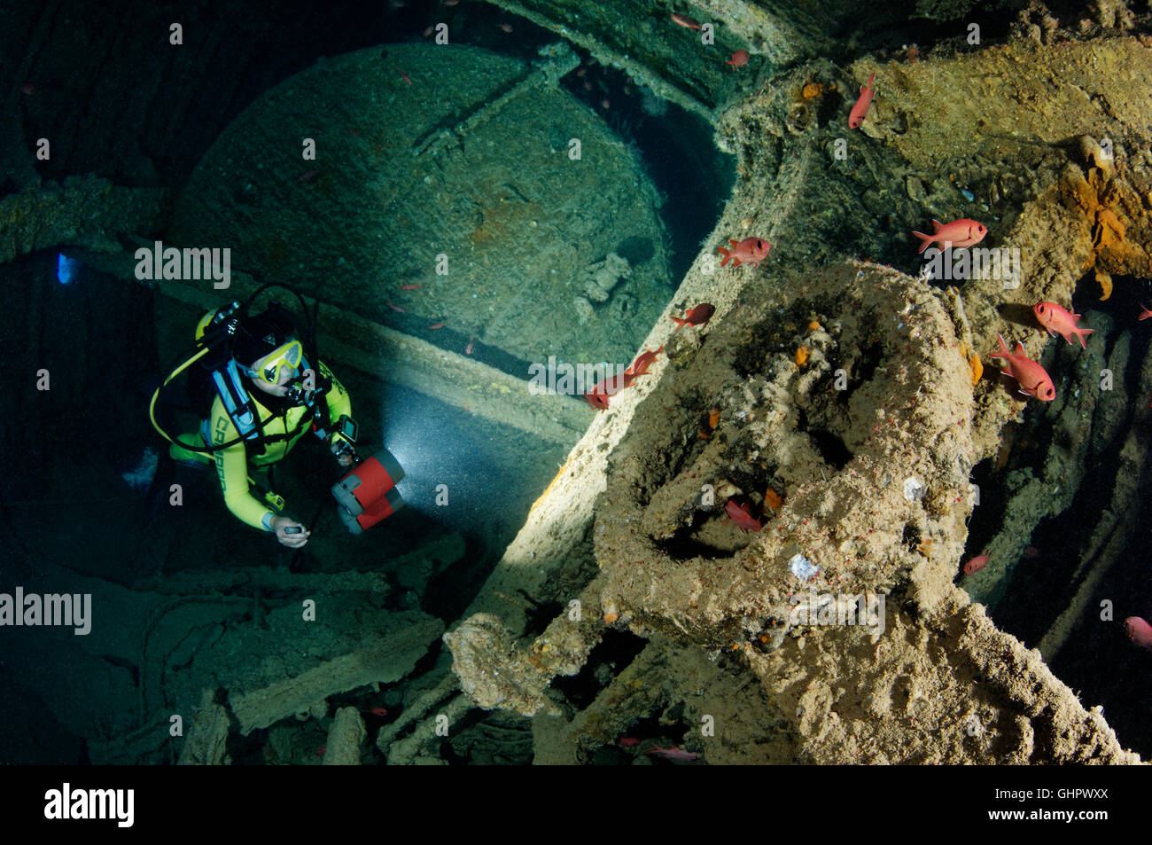 Shipwreck Dunraven, scuba diver inside the ship wreck, Wreck Dunraven ...