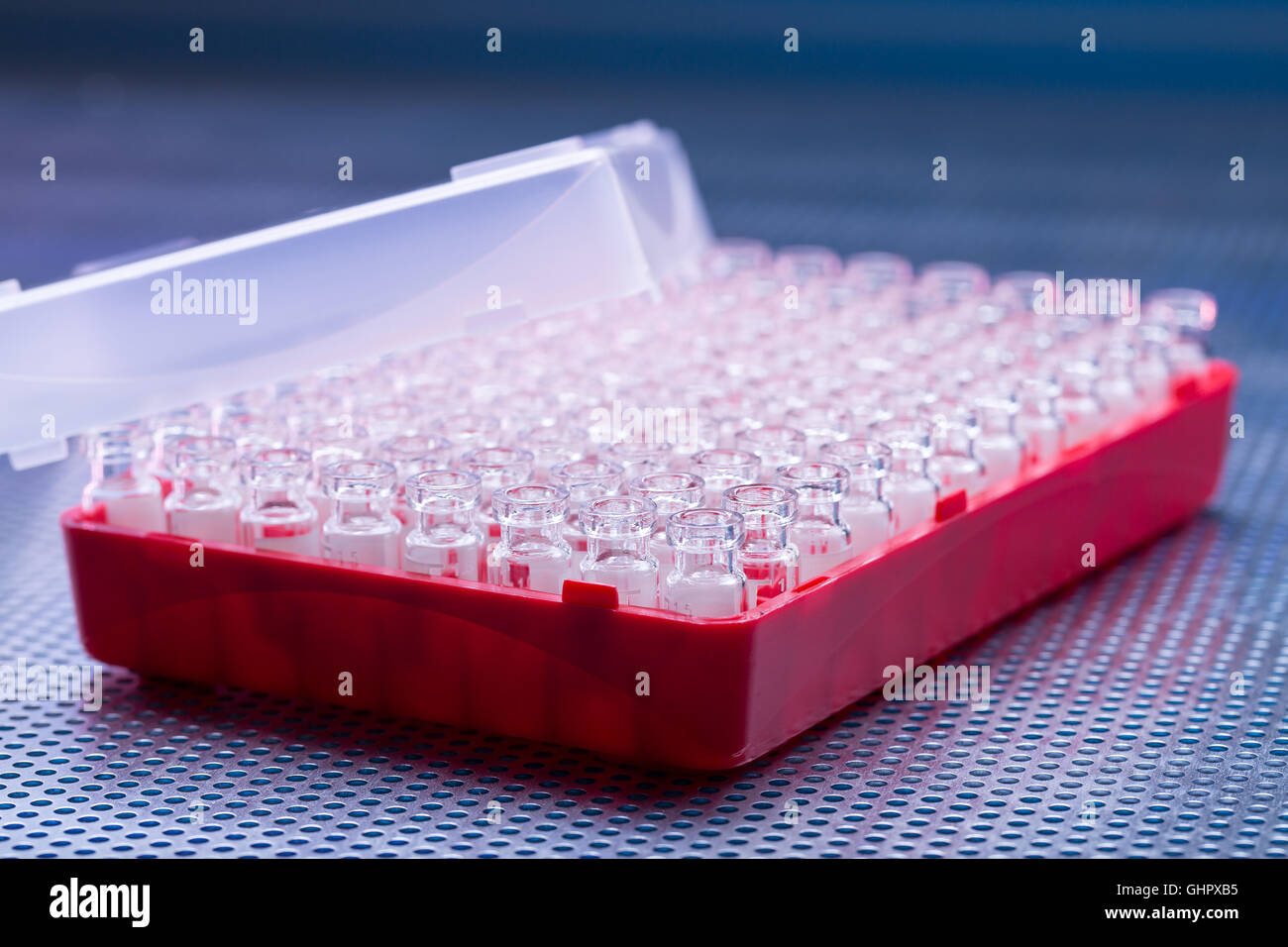 Laboratory rack with biological samples in glass test tubes Stock Photo ...
