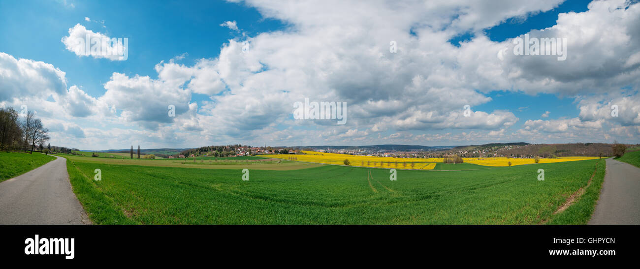 Yellow flowering fields, road and beautiful valley, nature spring ...