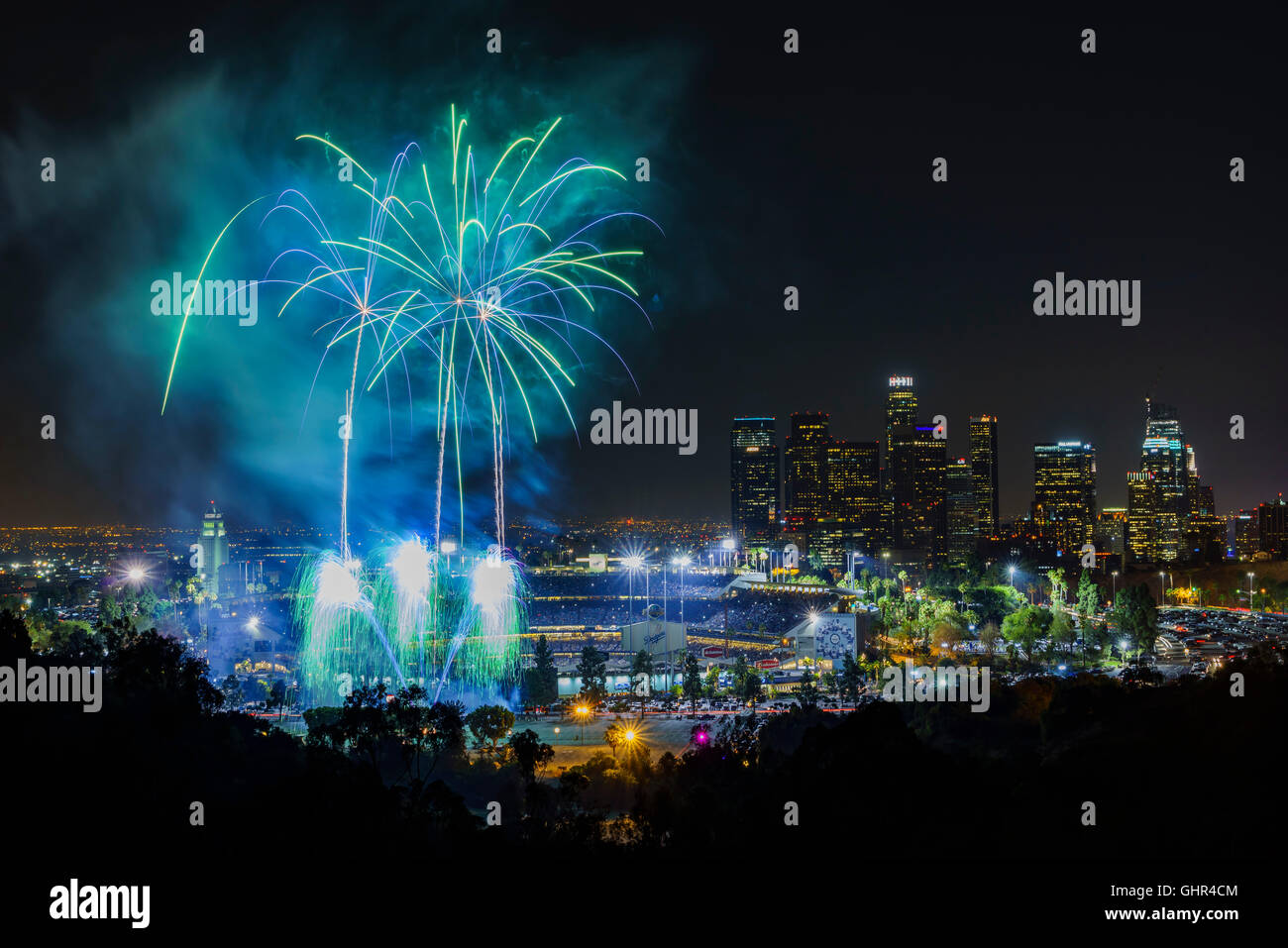 Los Angeles, JUL 29: Beautiful fireworks over the famous Dodger Stadium ...