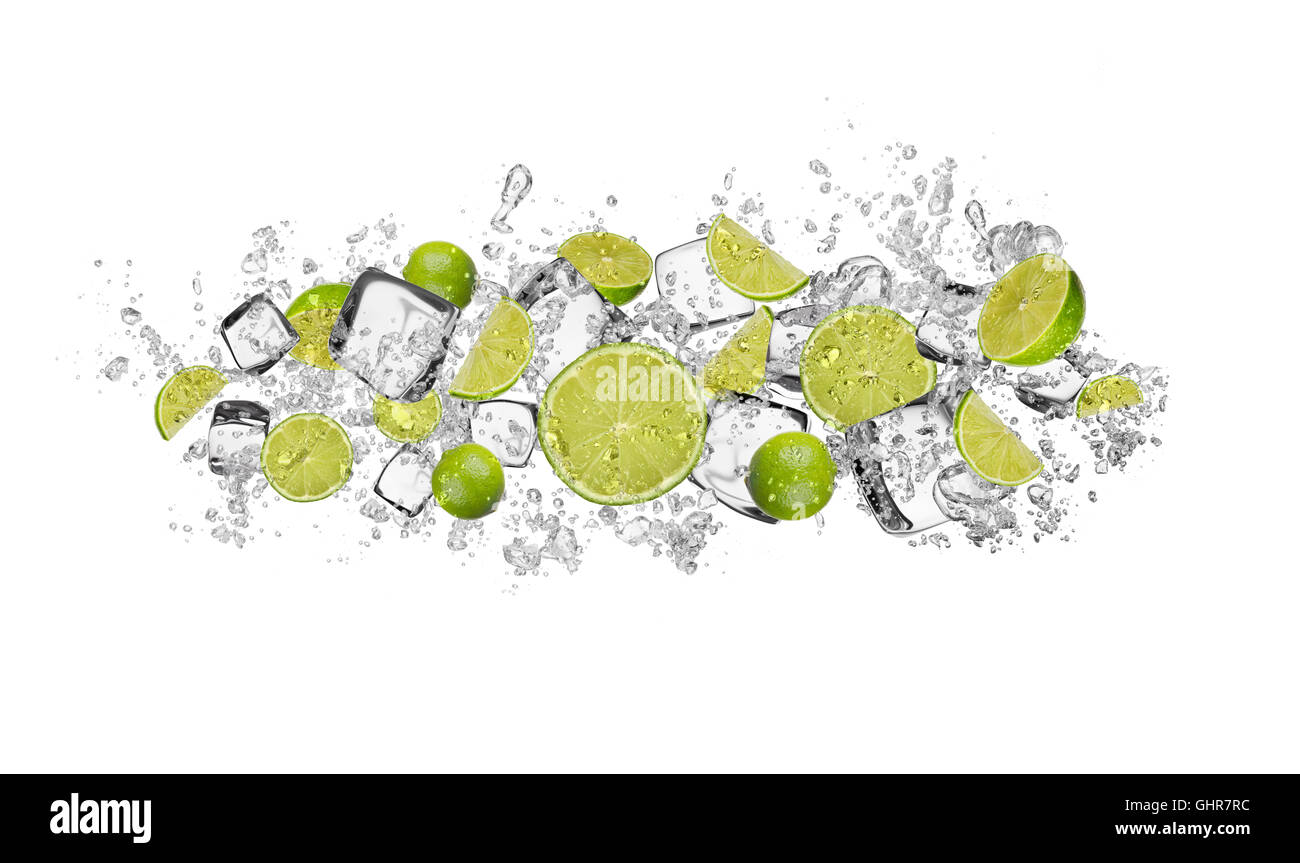 Pieces of limes in water splash and ice cubes, isolated on white background Stock Photo - Alamy