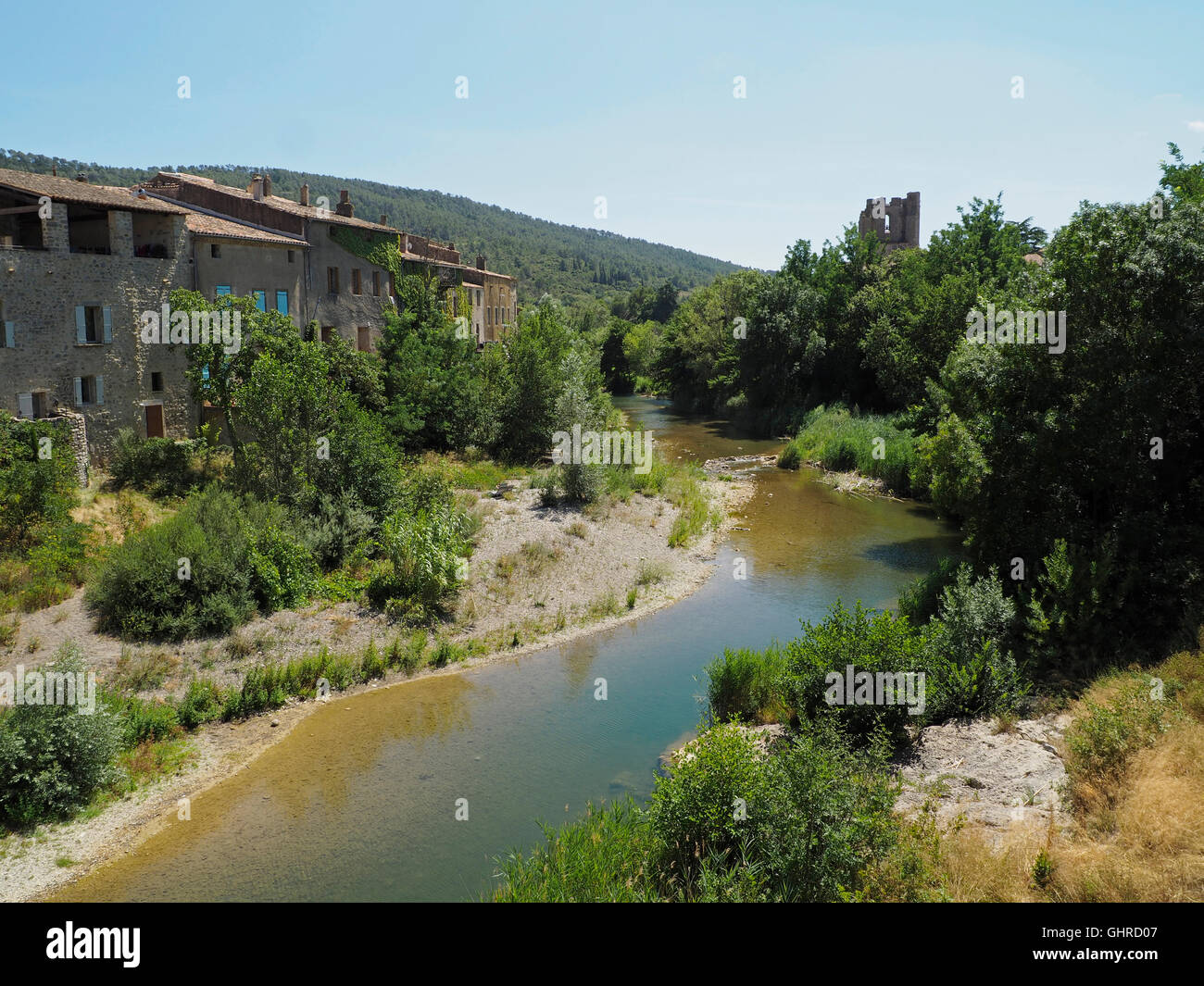 The l'Orbieu river in Lagrasse, Aude, Languedoc Roussillon, France ...