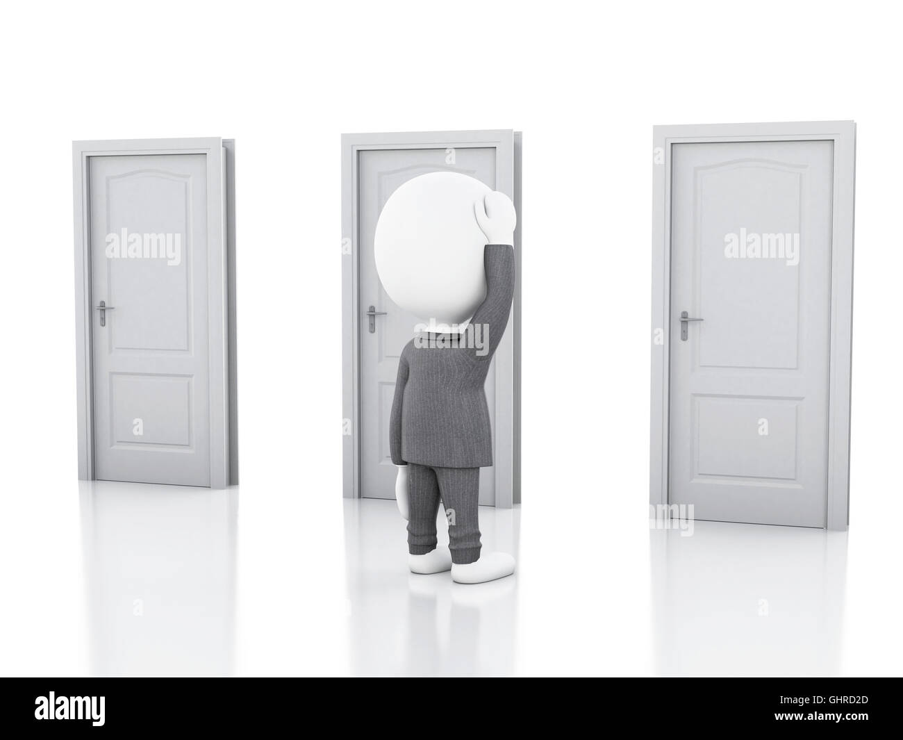 3d illustration. Business people and three doors, doubtful. Choice ...