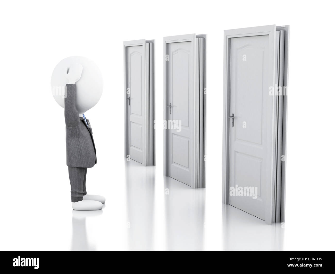 3d illustration. Business people and three doors, doubtful. Choice ...