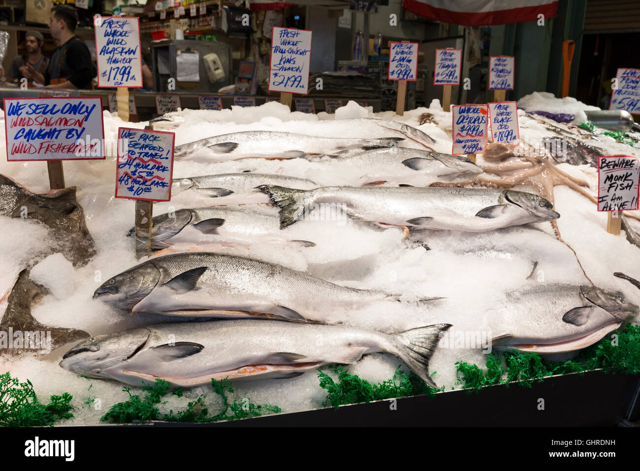 Seattle, Washington: Wild salmon for sale at Pike Place Fish Market ...