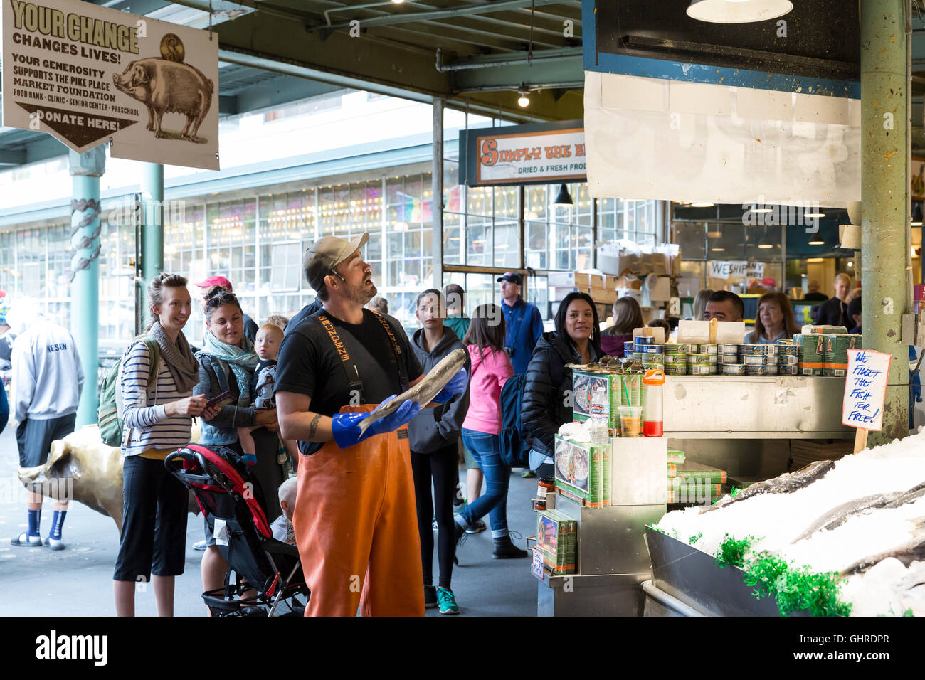 Seattle, Washington: Ryan preparing to throw a fish at Pike Place Fish ...