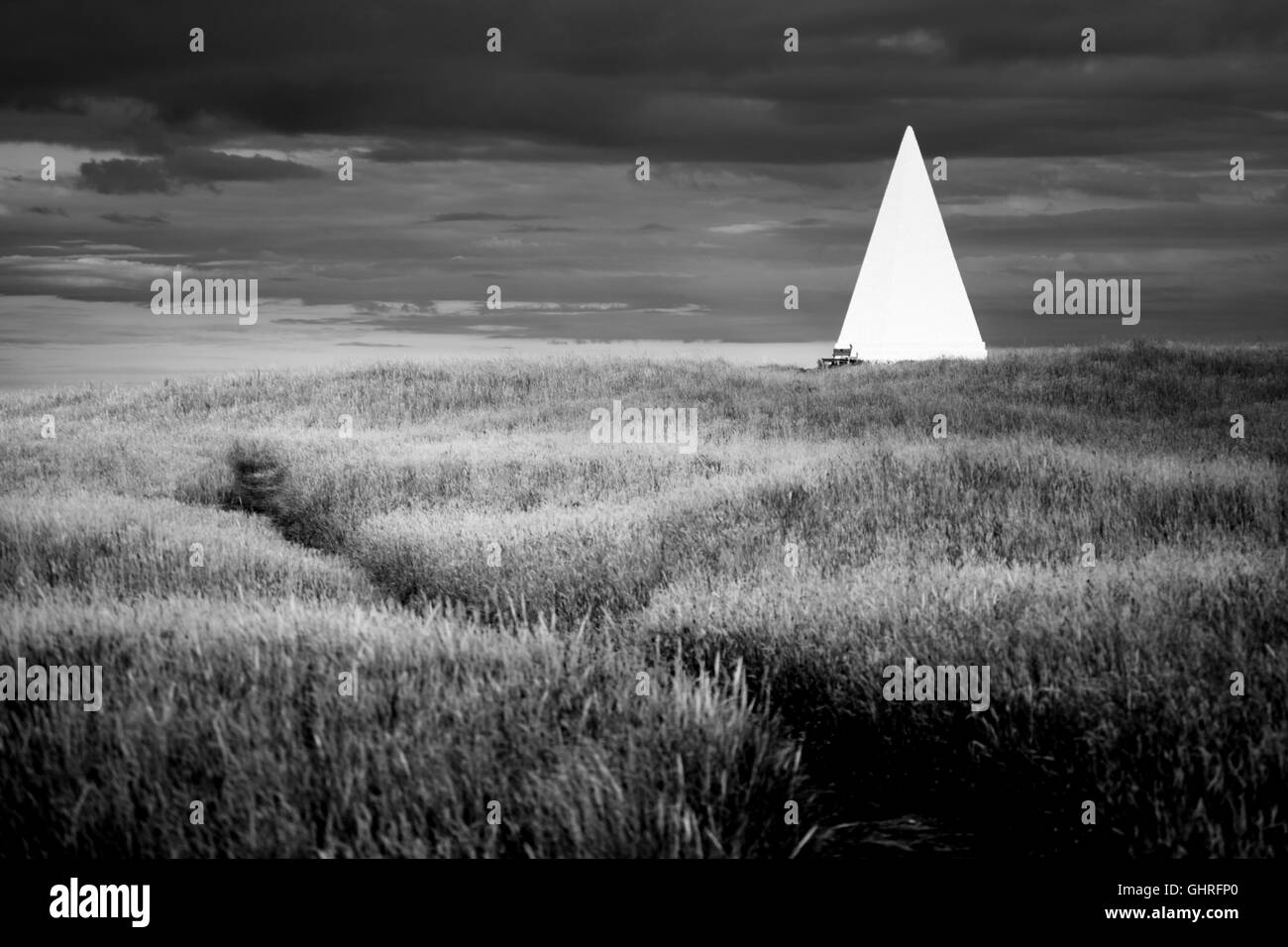 White obelisk or pyramid on Holy Island, Lindisfarne, off the ...