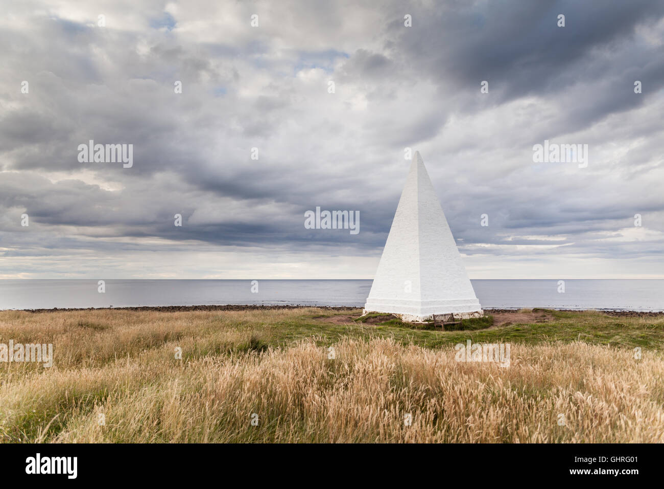 White obelisk or pyramid on Holy Island, Lindisfarne, off the ...