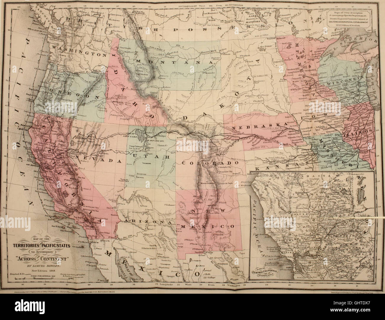 An 1868 map detailing the geography and routes across North America ...