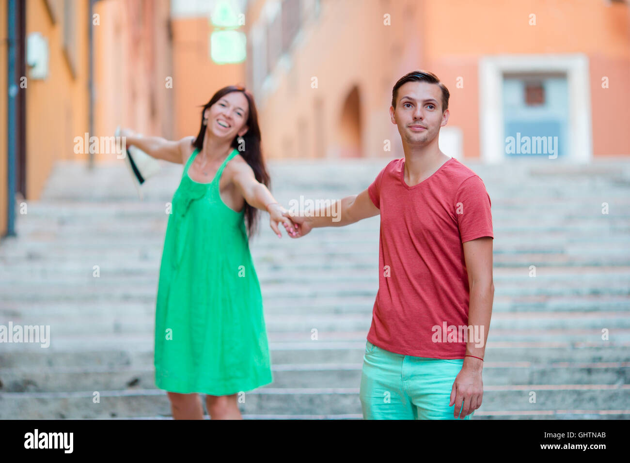Romantic couple holding hands on Steps in Rome enjoy italian holidays ...