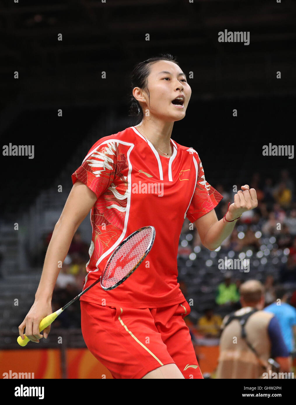 Rio De Janeiro, Brazil. 11th Aug, 2016. China's Wang Yihan reacts ...