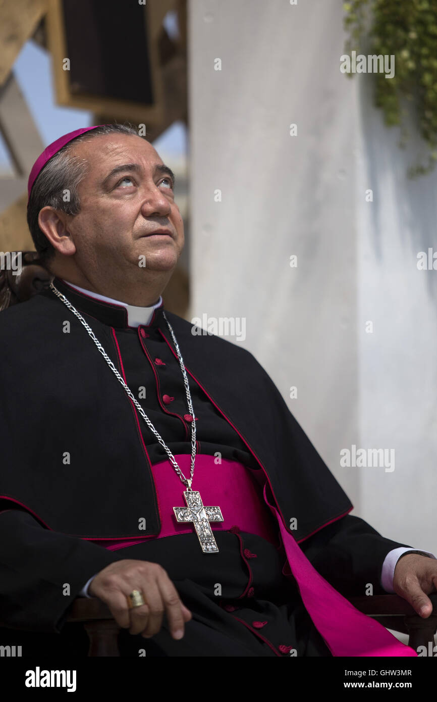 Tijuana, MEX. 11th Aug, 2016. Mgr. Francisco Moreno Barron gestures ...