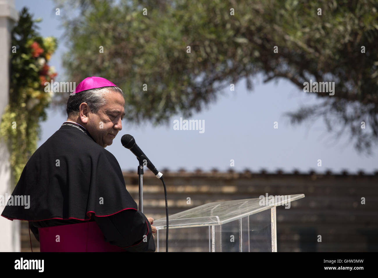 Tijuana, MEX. 11th Aug, 2016. Mgr. Francisco Moreno Barron gestures ...