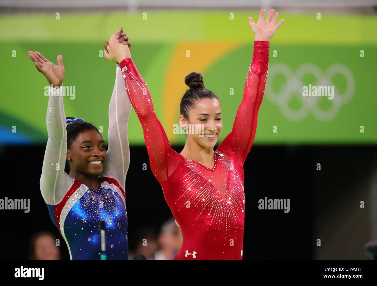Rio de Janeiro, Brazil. 11th Aug, 2016. Gold medalist Simone Biles (L ...