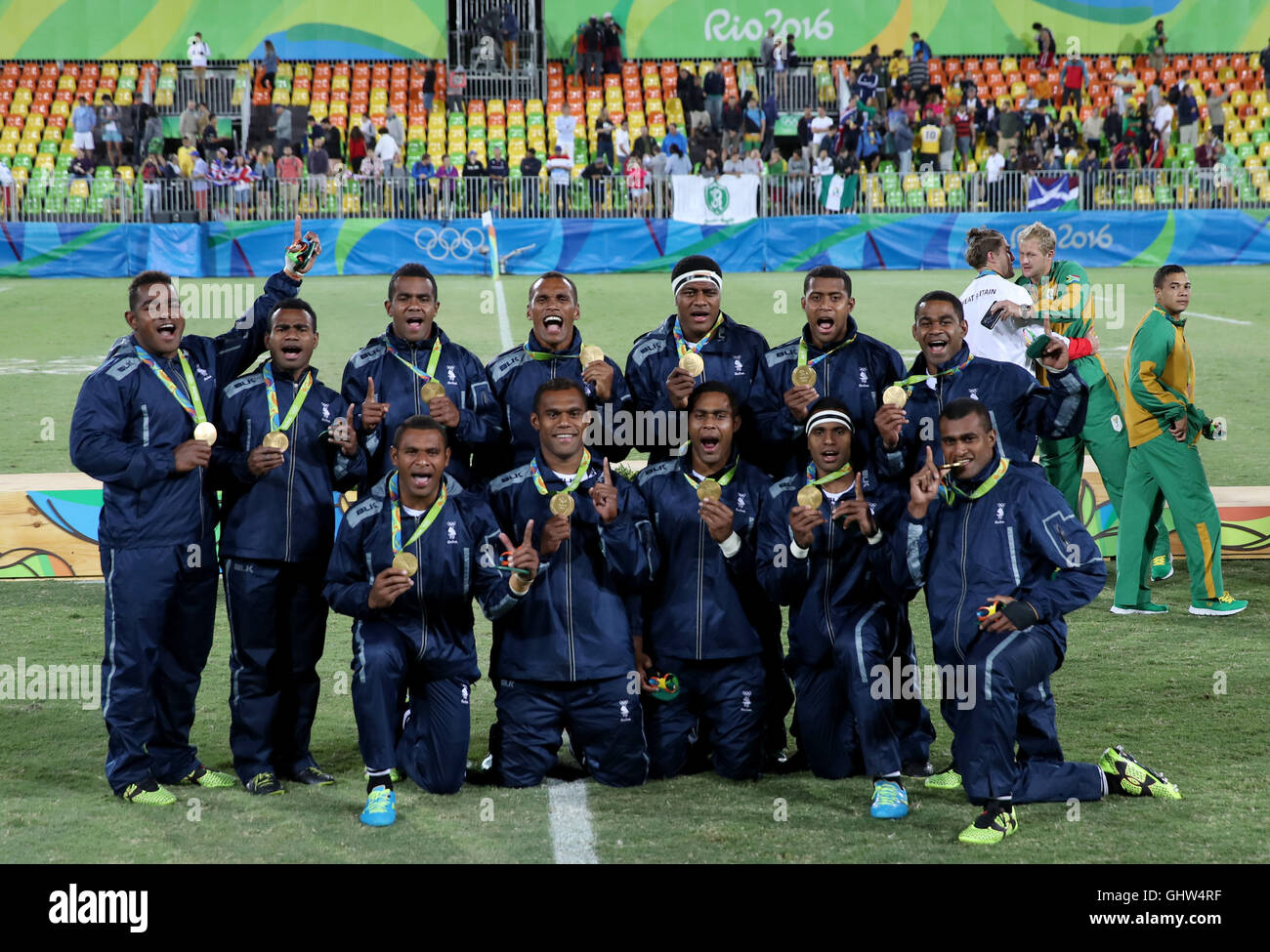 Rio de Janeiro, Brazil. 11th Aug, 2016. Gold medalist Team of Fiji pose ...