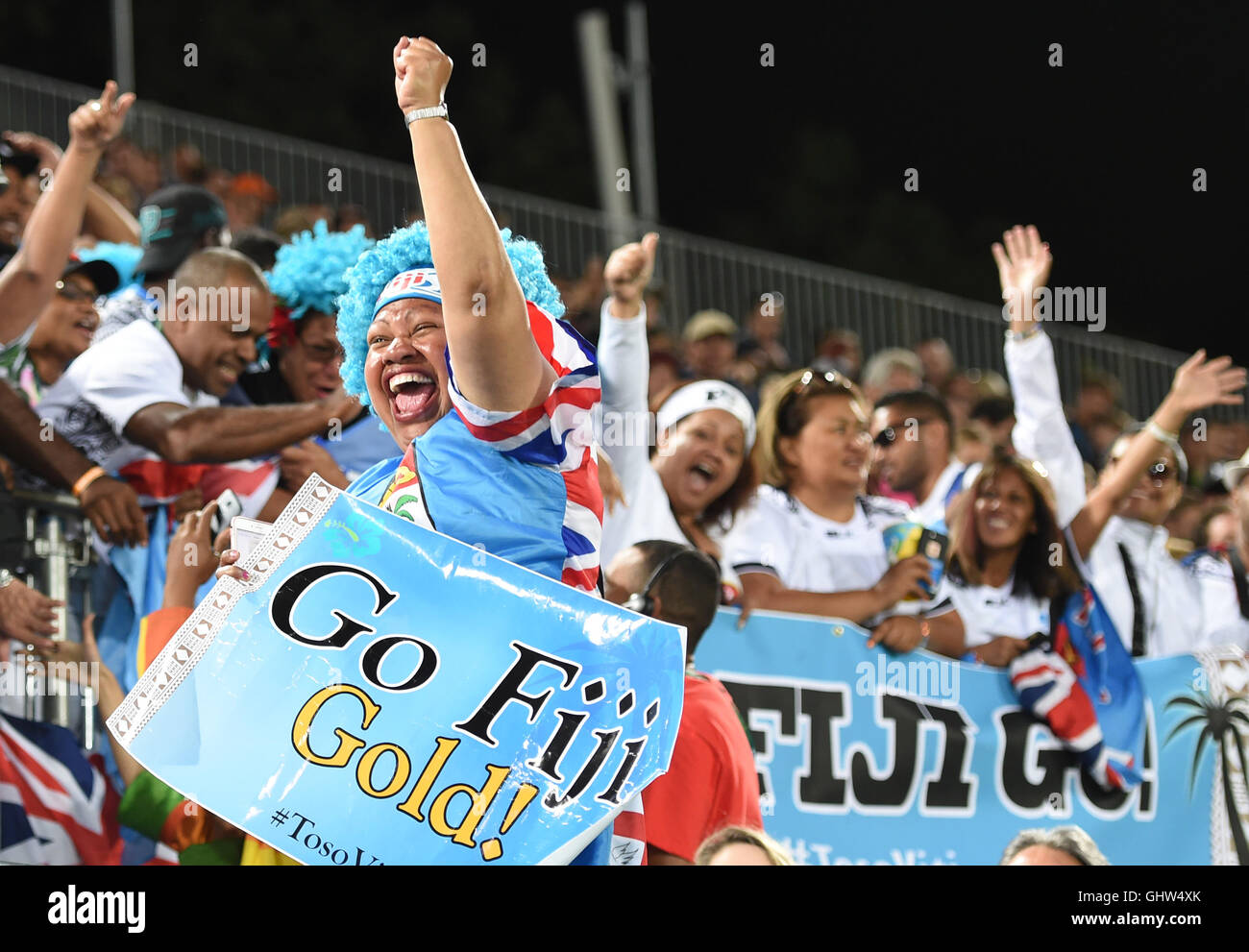 Rio De Janeiro, Brazil. 11th Aug, 2016. Fans of Fiji cheer during the ...