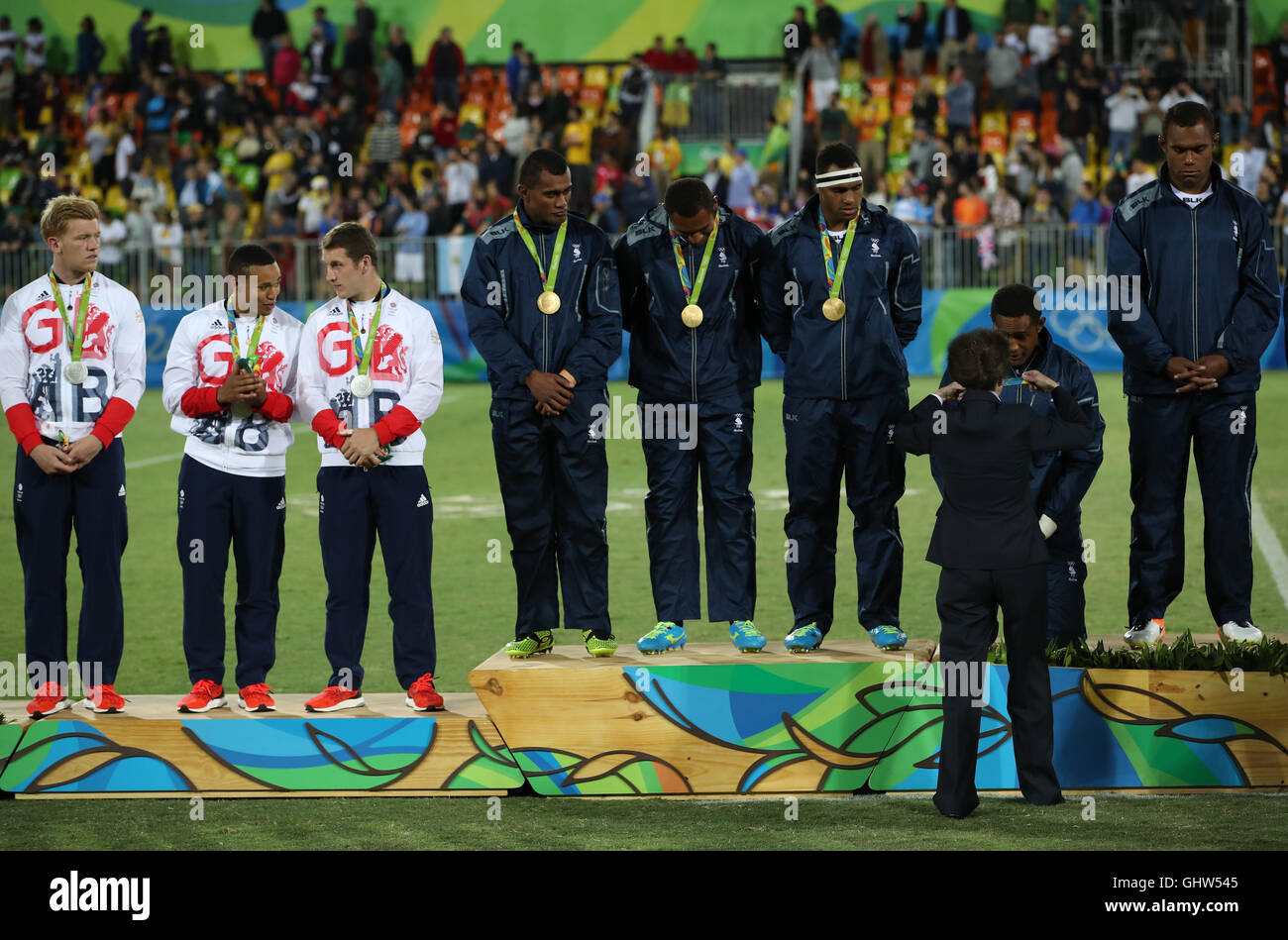 Rio de Janeiro, Brazil. 11th Aug, 2016. Gold medalist Team of Fiji (R ...