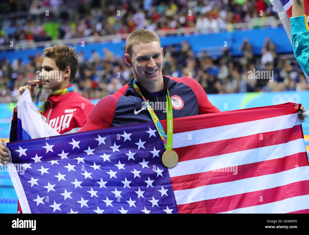 Rio de Janeiro, Brazil. 11th Aug, 2016. Ryan Murphy displays his Gold ...