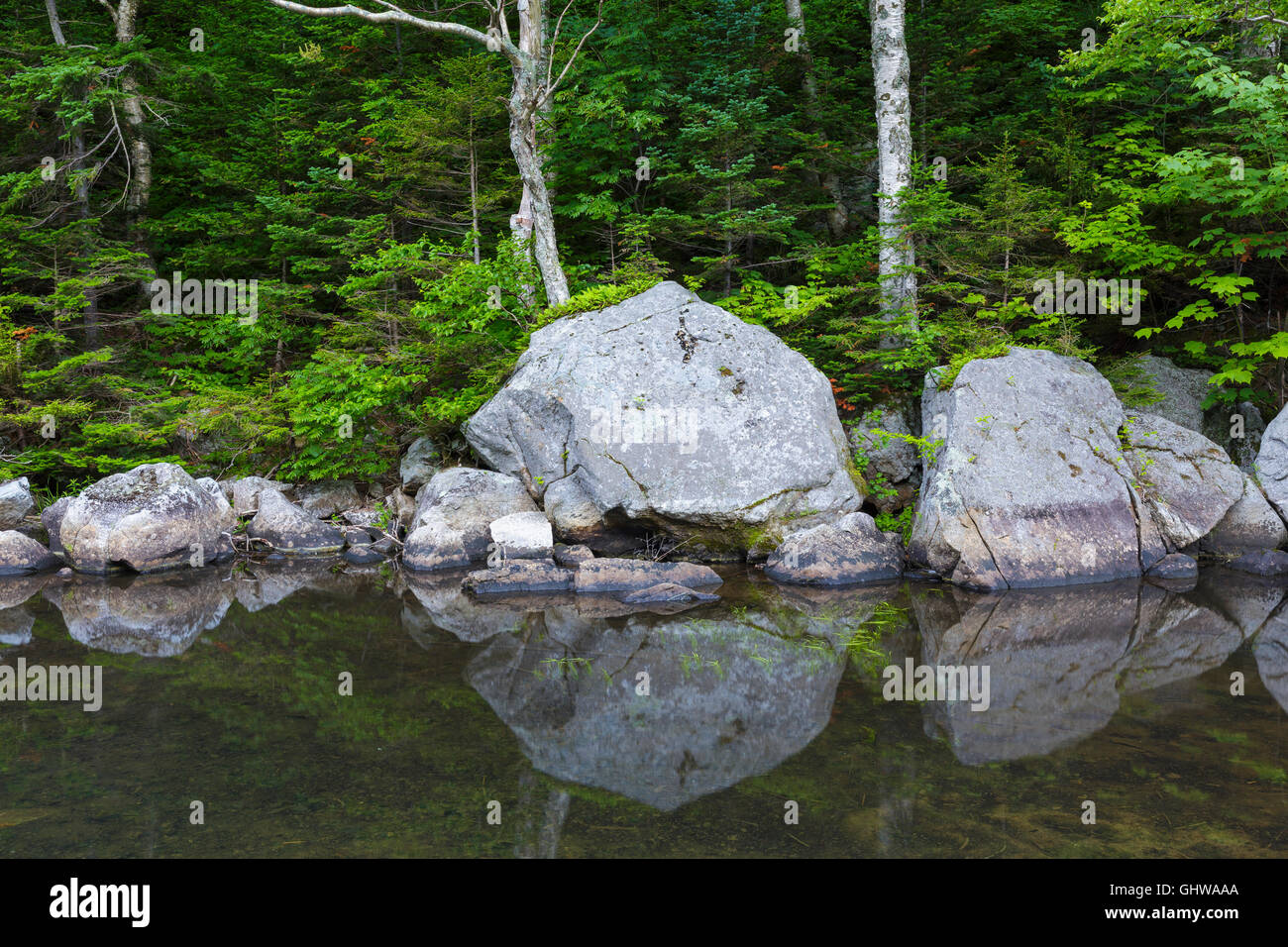 Reflection of rocks in Profile Lake in Franconia Notch State Park of ...