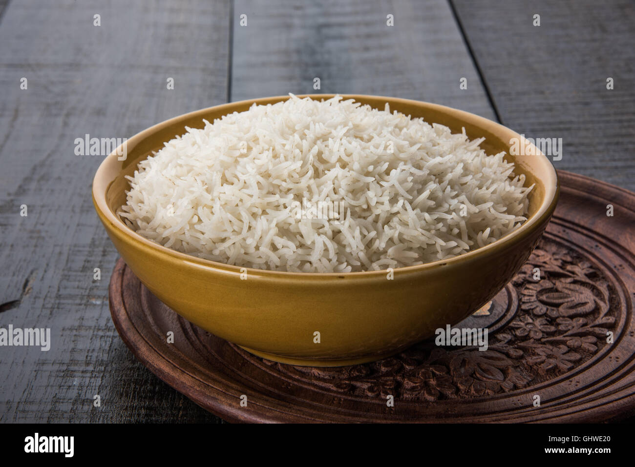 basmati rice in a brass bowl, cooked basmati rice, cooked plain rice ...