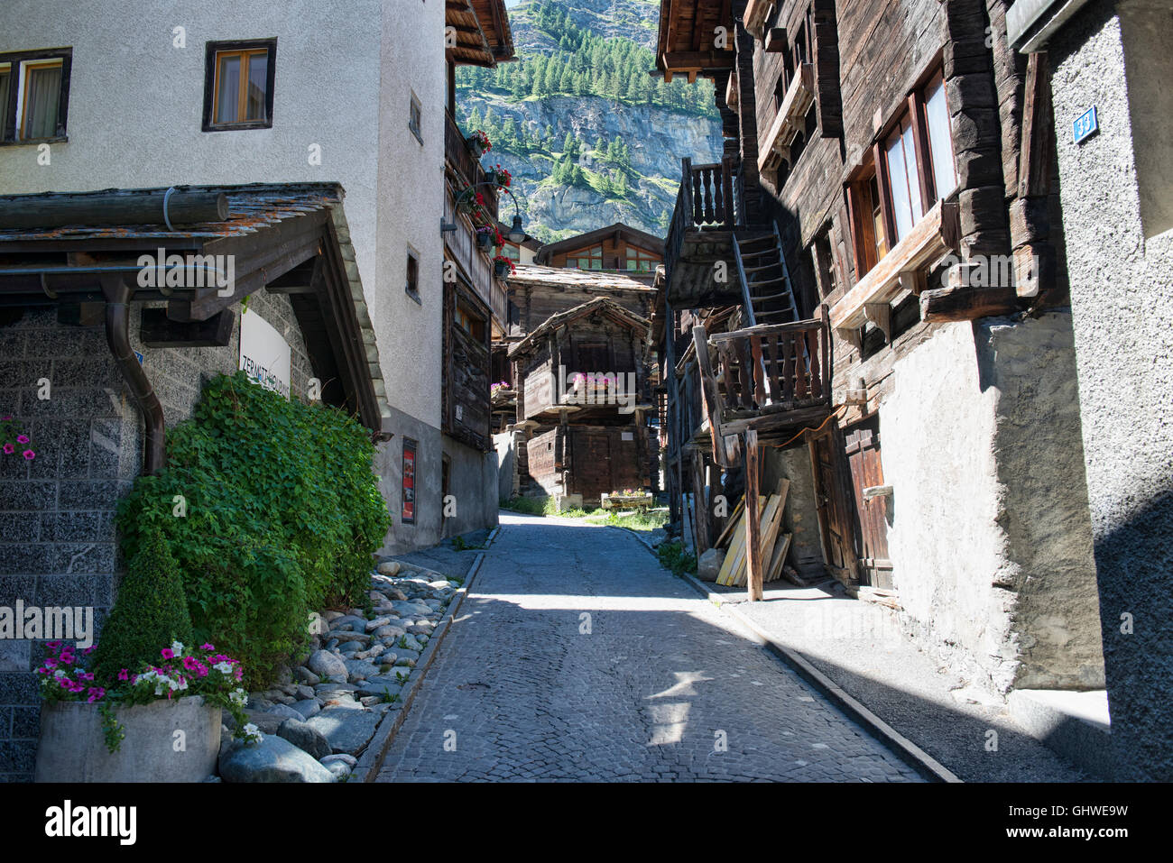 Traditional wooden houses in the center of Zermatt, Switzerland Stock ...