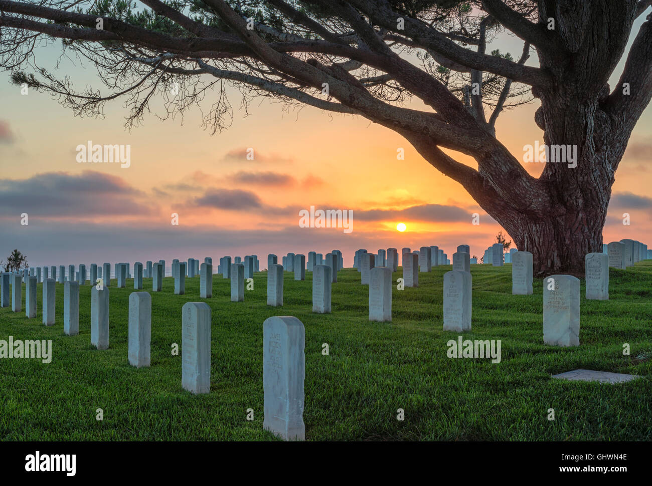 Fort Rosecrans National Cemetery, sunset. San Diego, California Stock ...