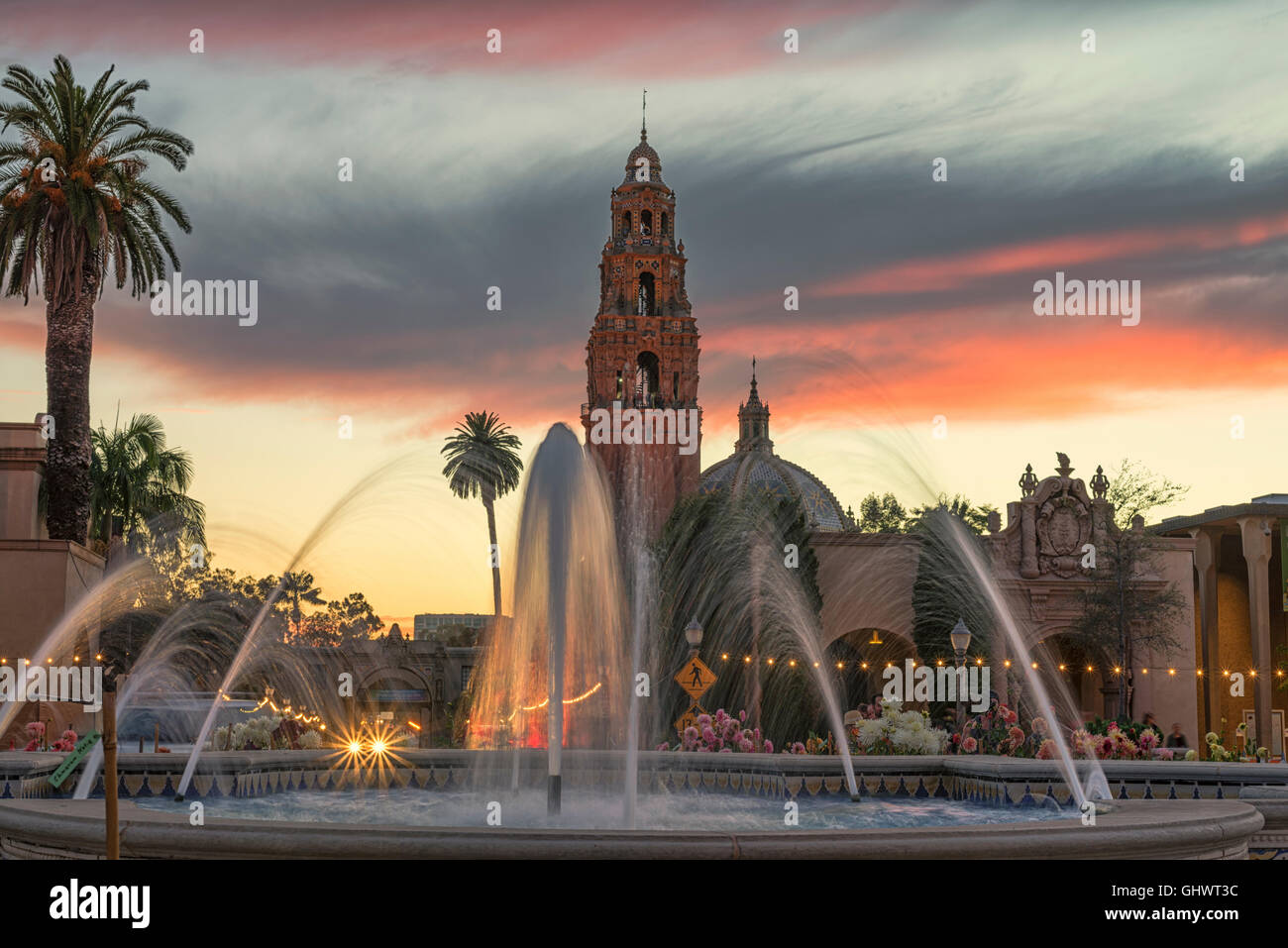 Balboa Park at sunset. The California Tower in the background. San ...