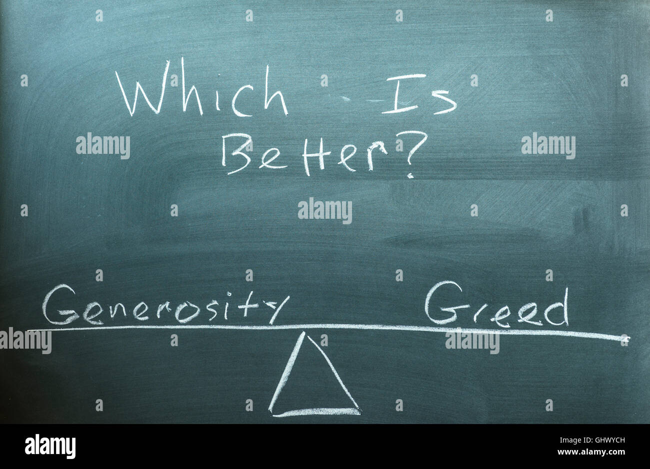 the words generosity and greed on a scale in equilibrium written on a ...