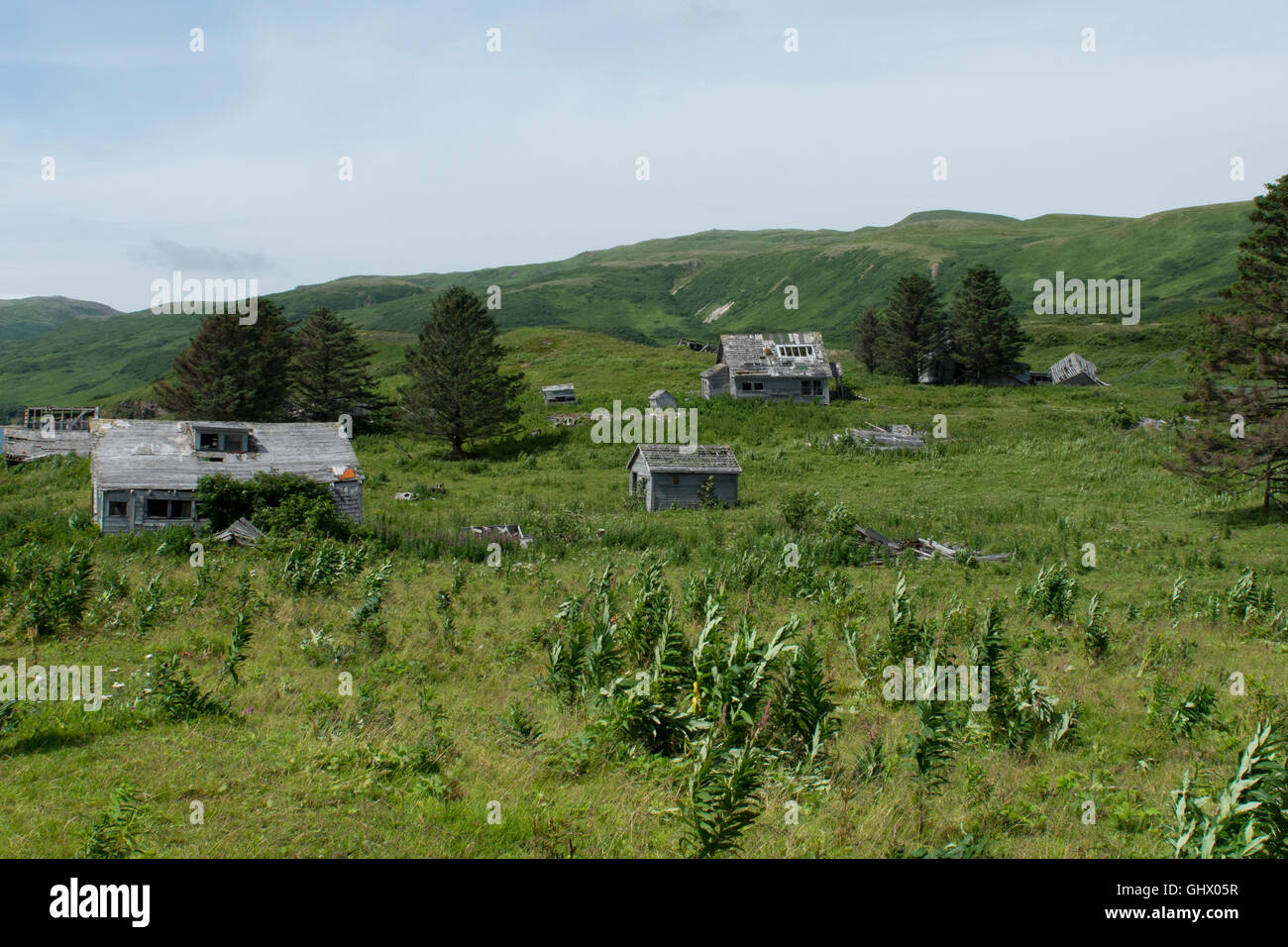 Alaska, Aleutian Islands, Unga Island, Unga Village. Abandoned gold ...