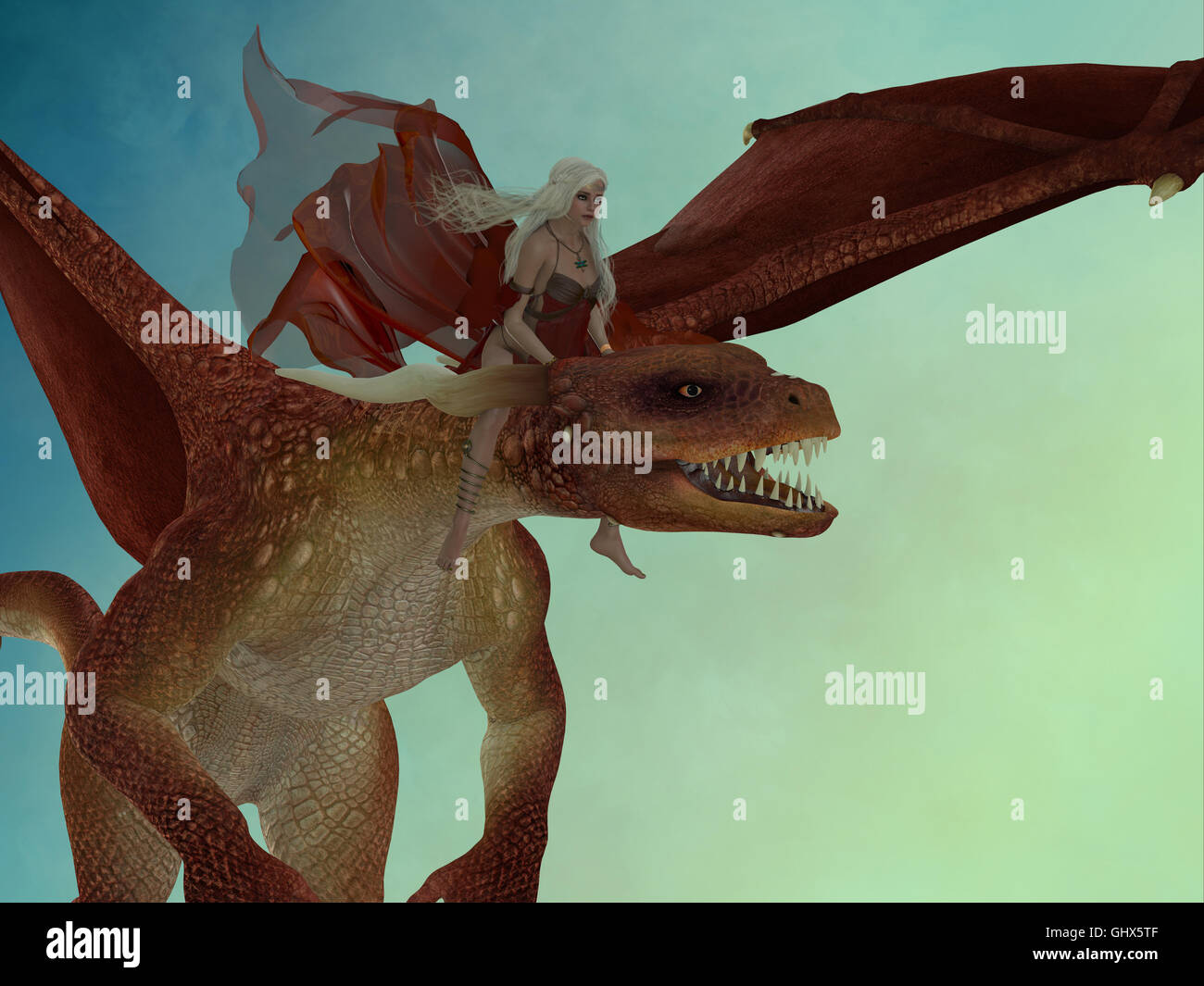 A beautiful fairy rides a fierce red dragon to a new destination in the ...