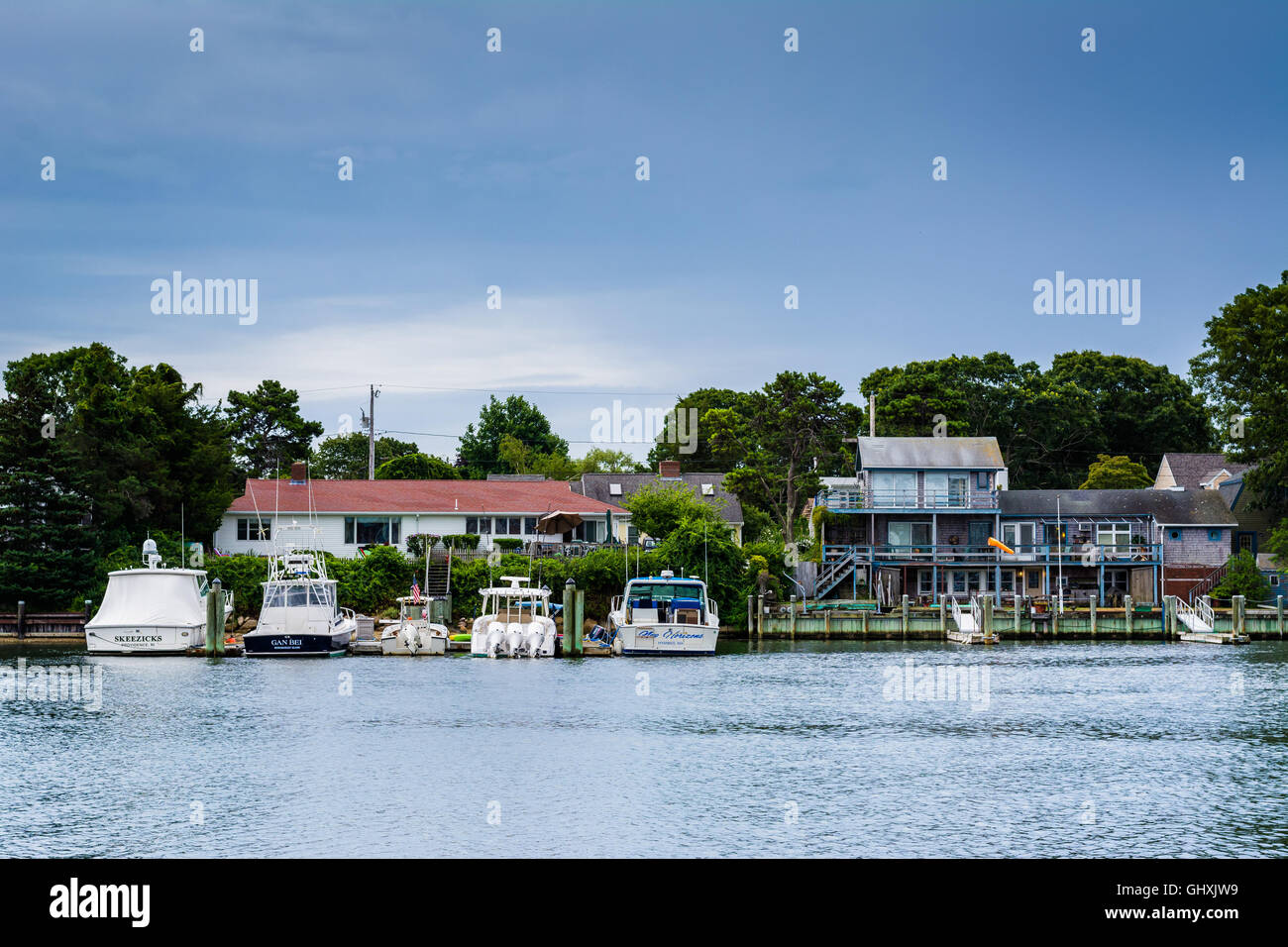 Boats and buildings in the harbor of Hyannis, Cape Cod, Massachusetts ...