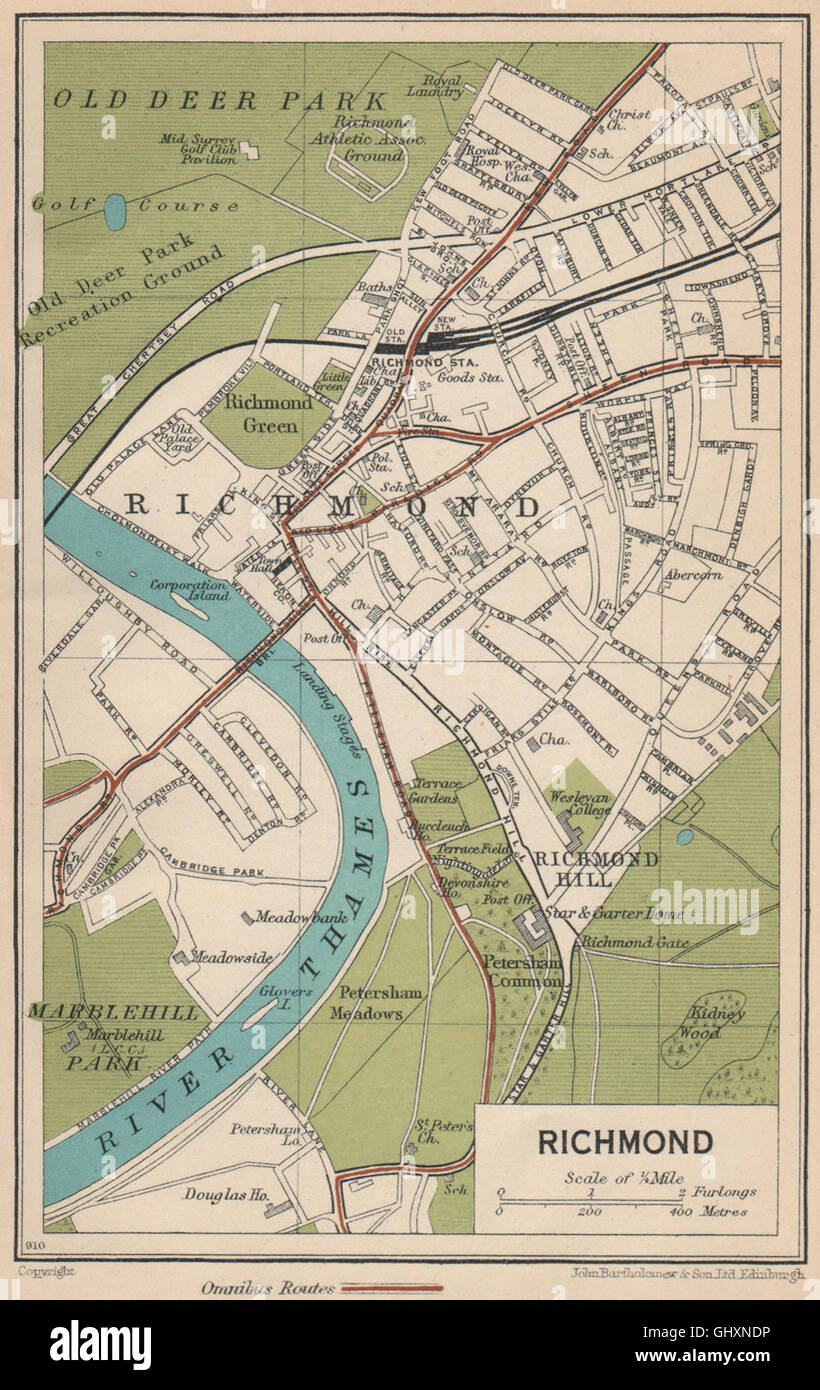 RICHMOND-UPON-THAMES.Vintage town plan.Petersham.Marble Hill.Bus routes ...