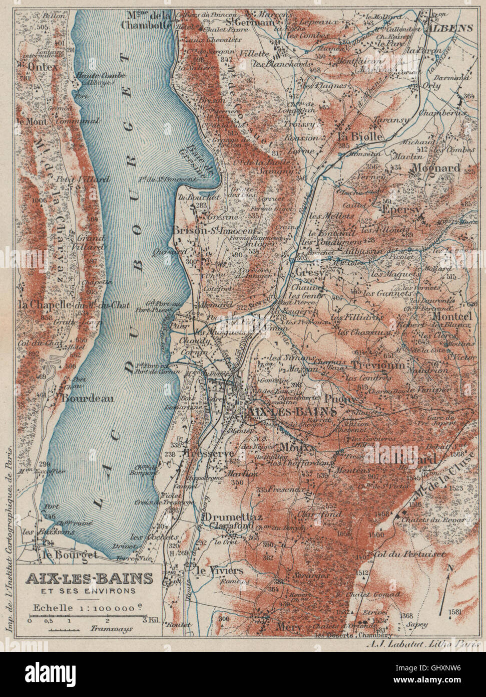 AIX-LES-BAINS & ENVIRONS. Vintage map plan. Lac du Bourget. Savoie ...
