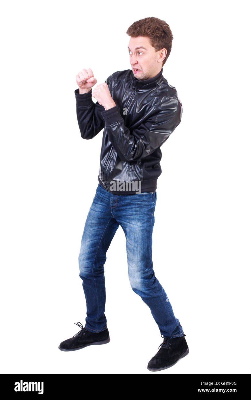 back view of guy funny fights waving his arms and legs Stock Photo - Alamy