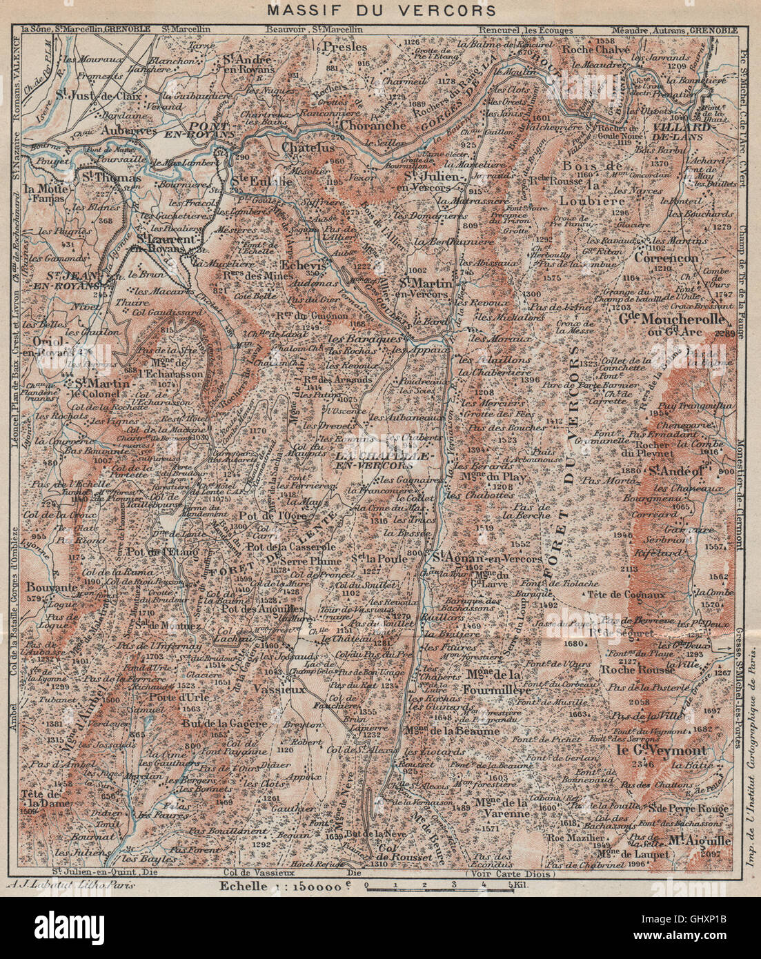 MASSIF DU VERCORS. Vintage map plan. French Alps, 1920 Stock Photo - Alamy