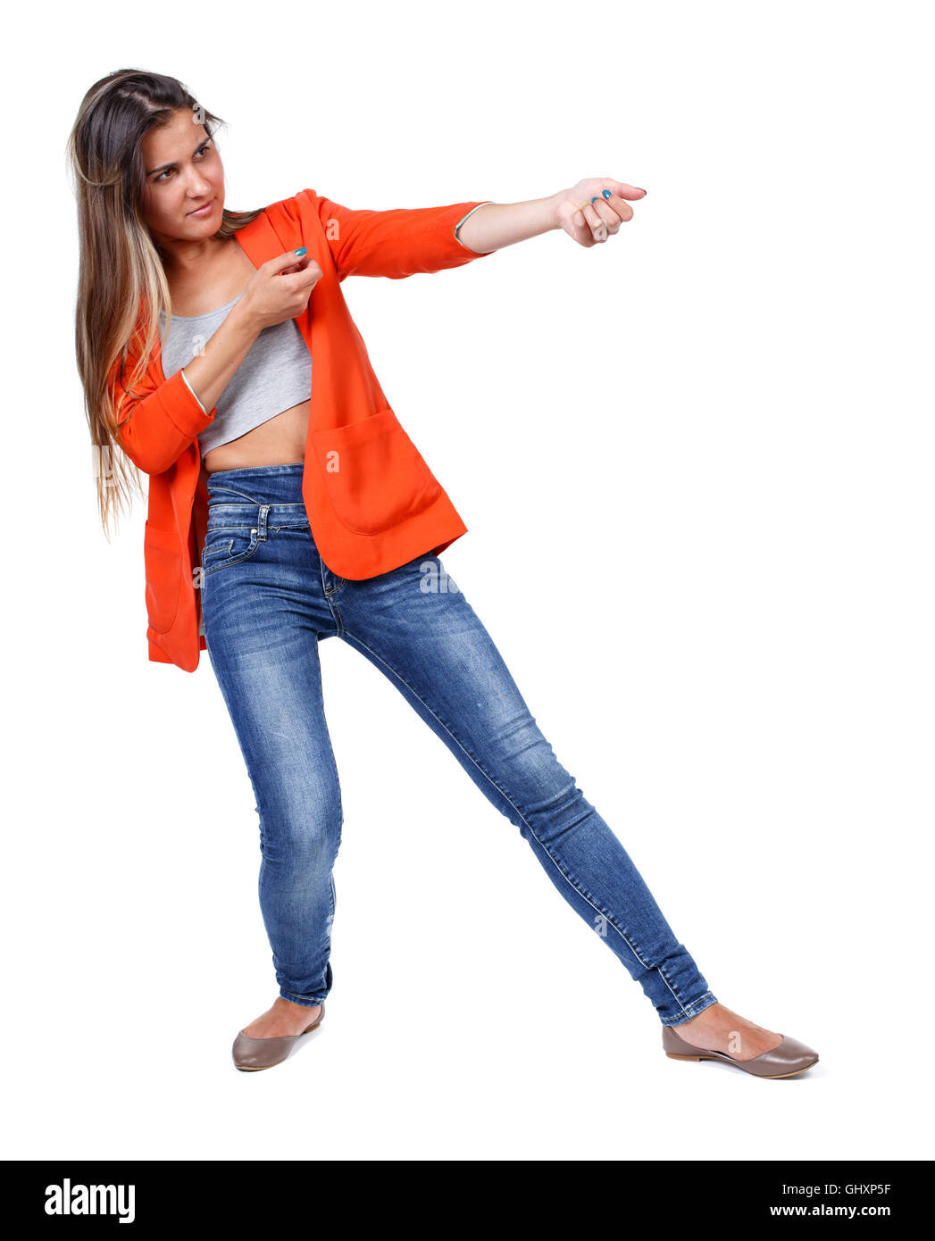 back view of standing girl pulling a rope from top or cling to s Stock ...