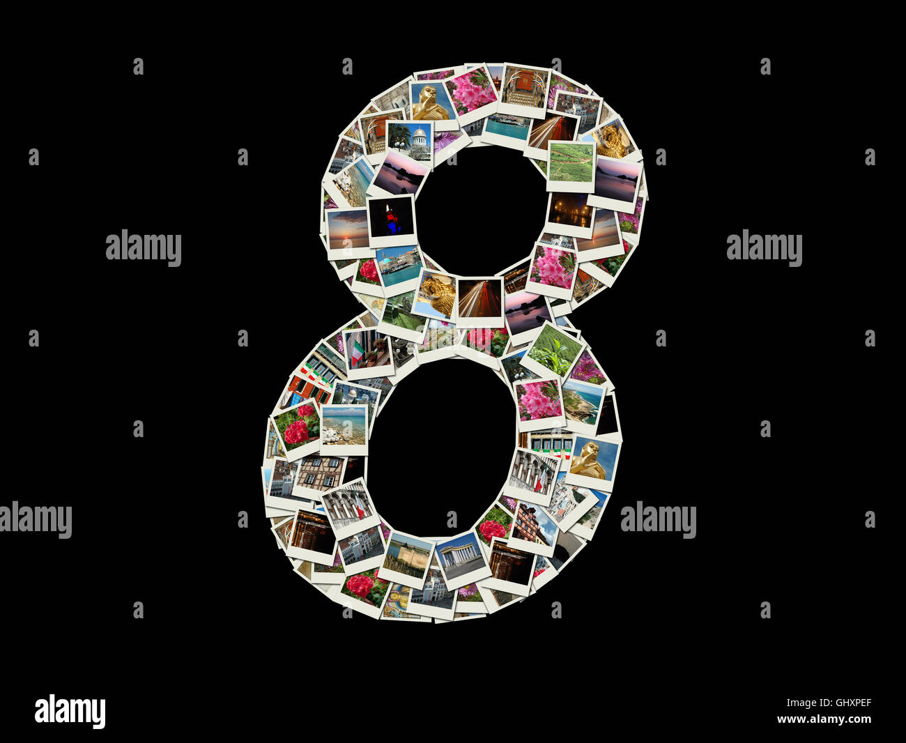 Shape of "8" figure made like collage of travel photos Stock Photo - Alamy