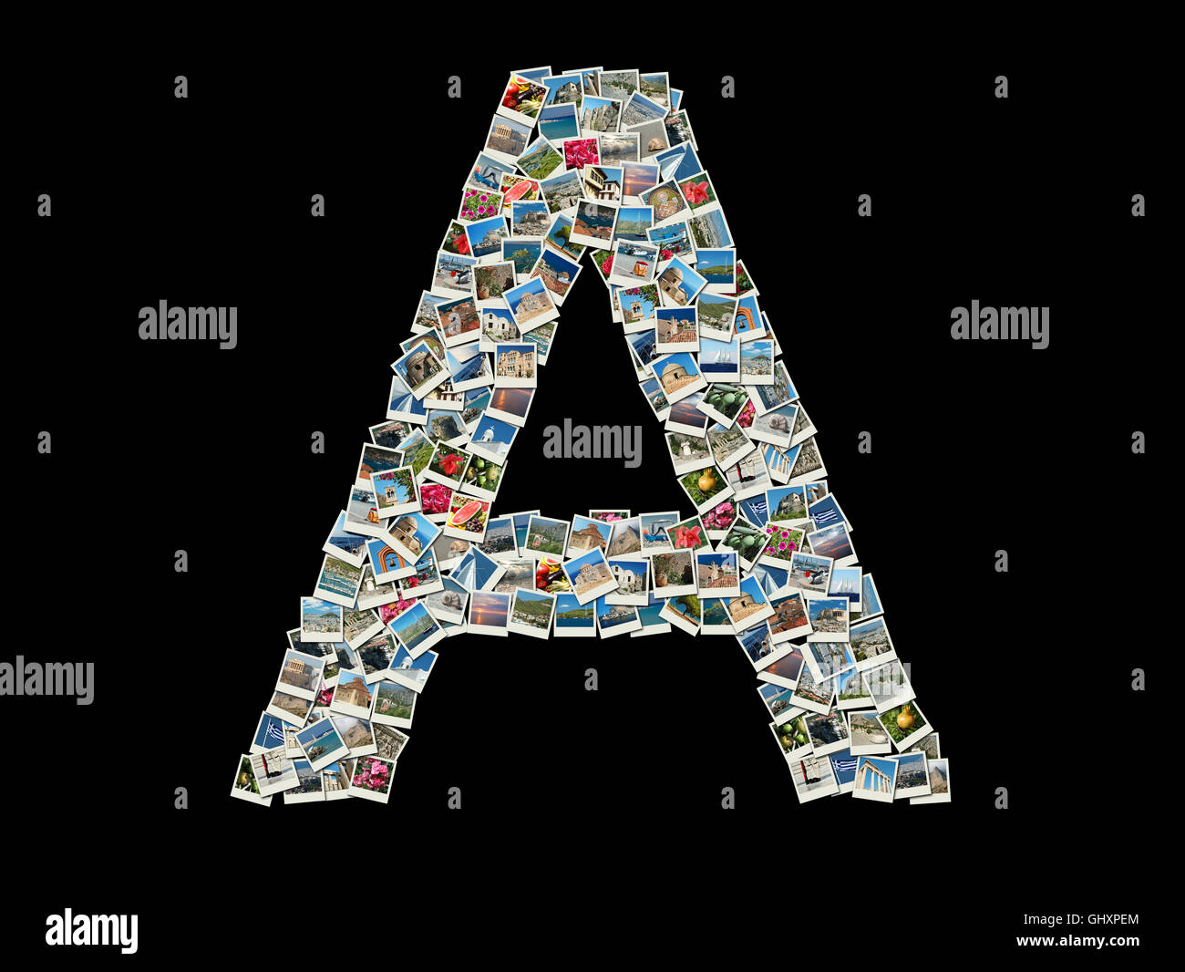 Shape of letter "A" made of travel photos Stock Photo - Alamy