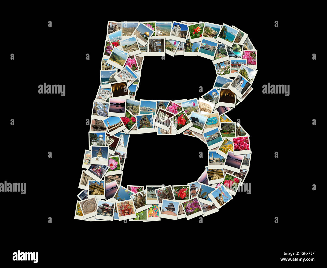 Shape of "B" letter made like collage of travel photos Stock Photo - Alamy