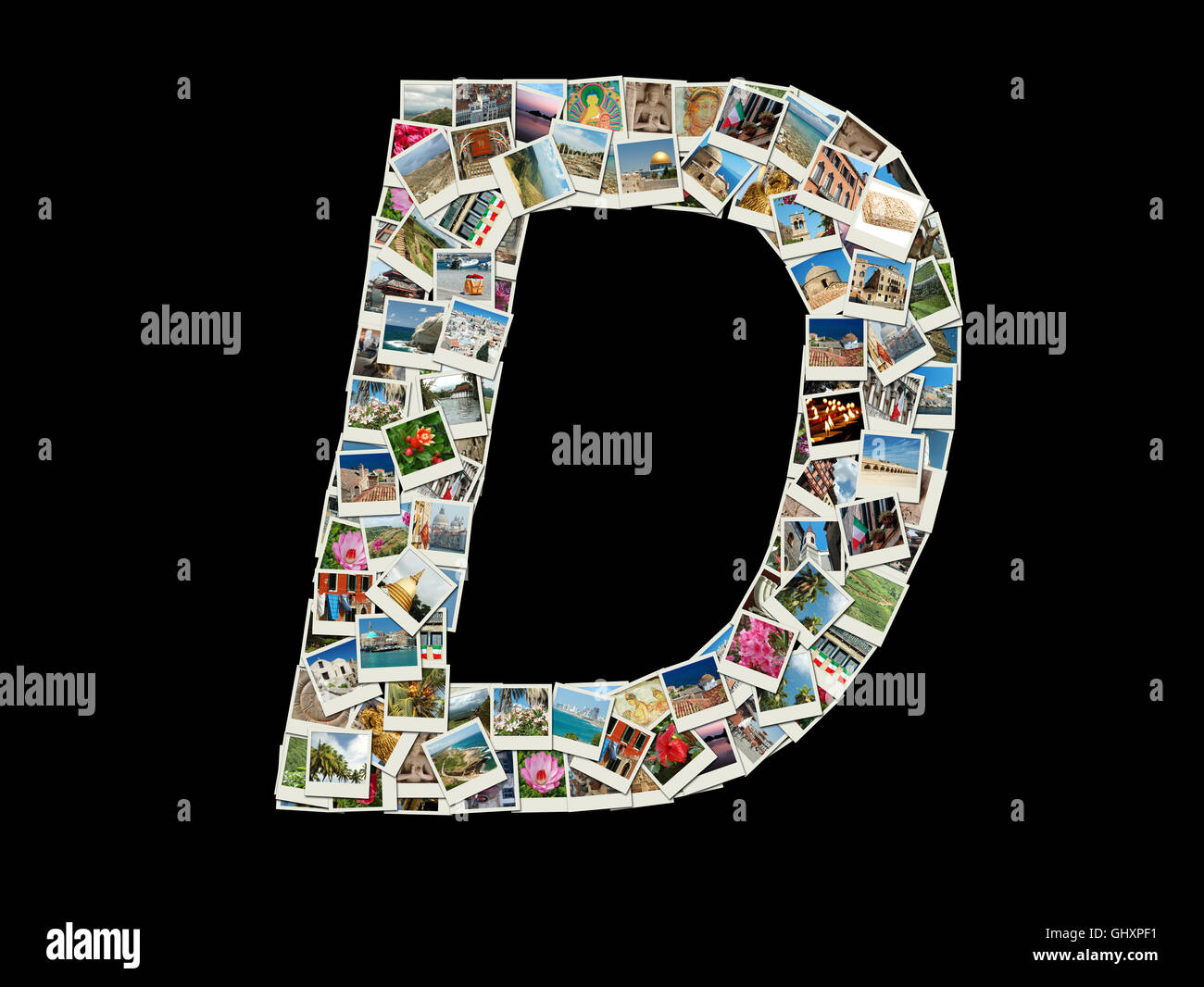 Shape of "D" letter made like collage of travel photos Stock Photo - Alamy