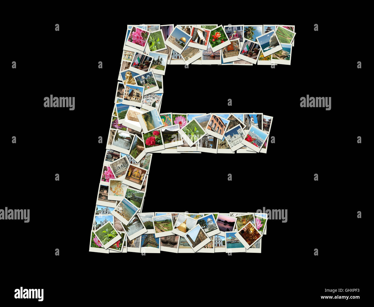 Shape of "E" letter made like collage of travel photos Stock Photo - Alamy