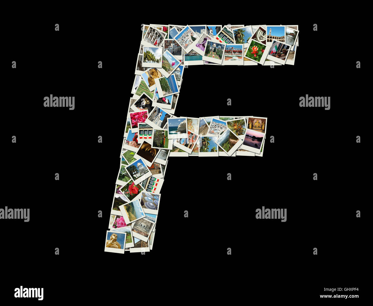 Shape of "F" letter made like collage of travel photos Stock Photo - Alamy