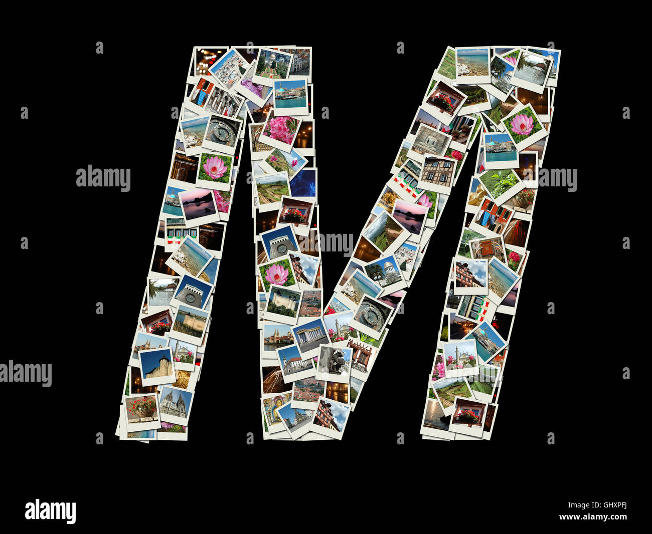 Shape of "M" letter made like collage of travel photos Stock Photo - Alamy